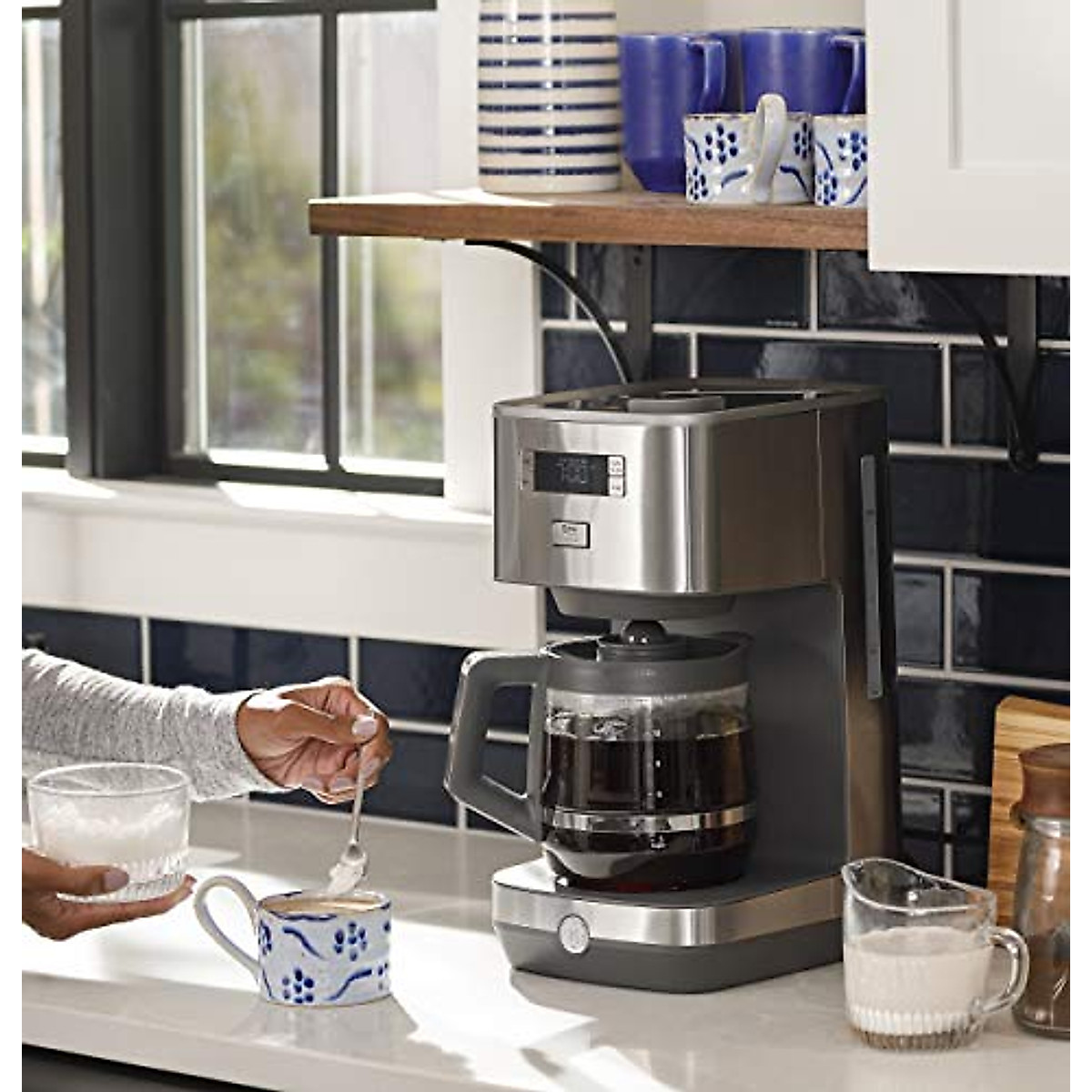 GE Drip Coffee Maker With Timer | 12-Cup Glass Carafe Coffee Pot With Warming Plate | Adjustable Brew Strength | Wide Shower Head for Maximum Flavor | Kitchen Essentials | Stainless Steel