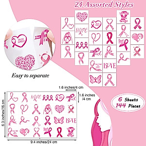 ADXCO 144 Pieces Pink Ribbon Glitter Tattoos Waterproof Breast Cancer Awareness Temporary Tattoos Skin Safe Pink Ribbon Tattoos Sticker for October Breast Cancer Awareness Month