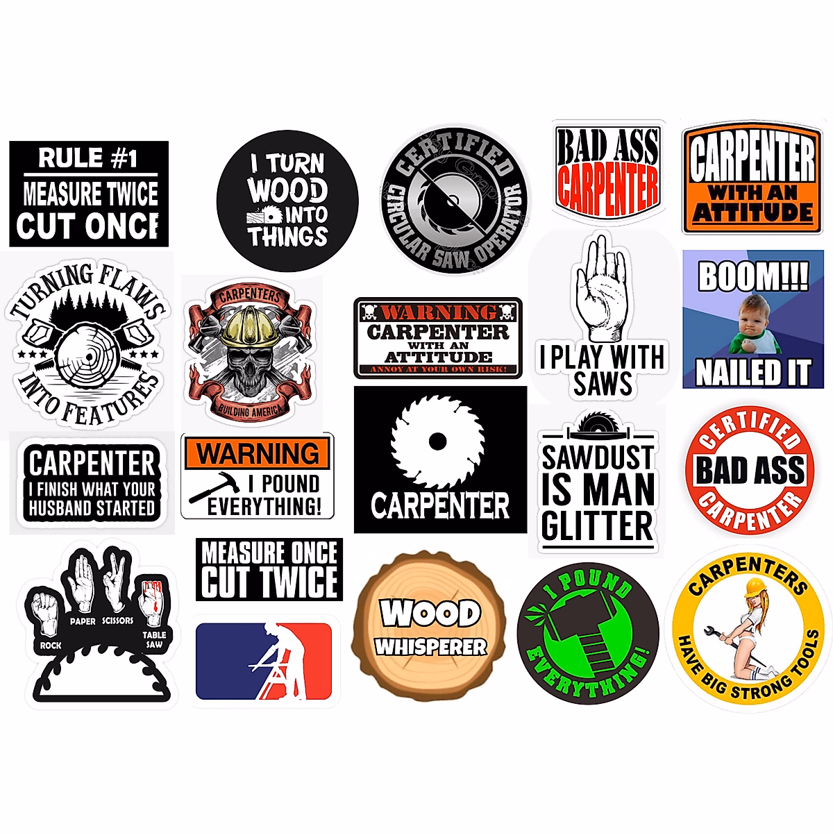 21 pcs Carpenter Stickers for Hard Hat, Funny Carpenter Helmet Decals for Hard Hat, Window, Car Bumper, Truck, Carpenters Union Decals