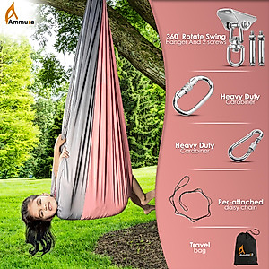 AMMUZA Indoor Sensory Swing For Kids & Adults 200lb - Therapy Swing For Autism, ADHD, Aspergers - Indoor Hammock Kids Swing, Calming Relaxing 360° Adjustable Sensory Toys Gifts (Pink & Grey)