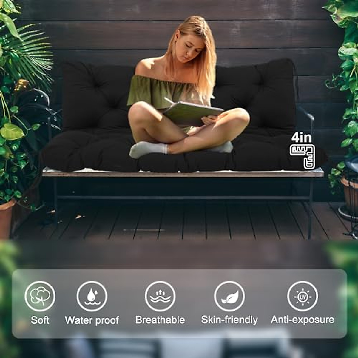 Boaisdus Swing Cushions 3 Seater Replacement Waterproof Porch Swing Cushions with Backrest and 8 Ties Thicken 4" Bench Cushion Replacement Patio Swing Cushion for Outdoor Furniture(Black 60x40in)