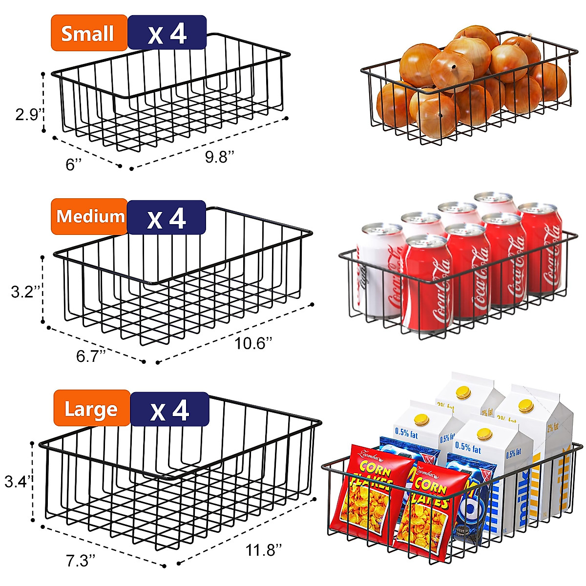 12 Pack (3 Szie) Small Wire Storage Baskets for Organizing,Pantry Organization Bins for Cabinets, Metal Basket for Kitchen, Laundry, Garage, Fridge, Bathroom Countertop,Freezer Organizer(Black)