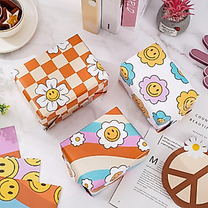 Whaline 12Pcs Retro Groovy Wrapping Paper Bright Funny Face Flower Checkered Gift Wrap Bulk Boho Art Paper Folded Flat for Baby Shower Birthday Wedding DIY Crafts Gift Packing, 19.7 x 27.6 Inch