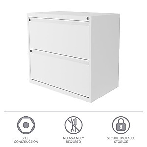 Hirsh 30" W Modern Metal Lateral File Cabinet with 2 Drawers & Secure Lock, Powder Coat, for Home/Office, in White Finish
