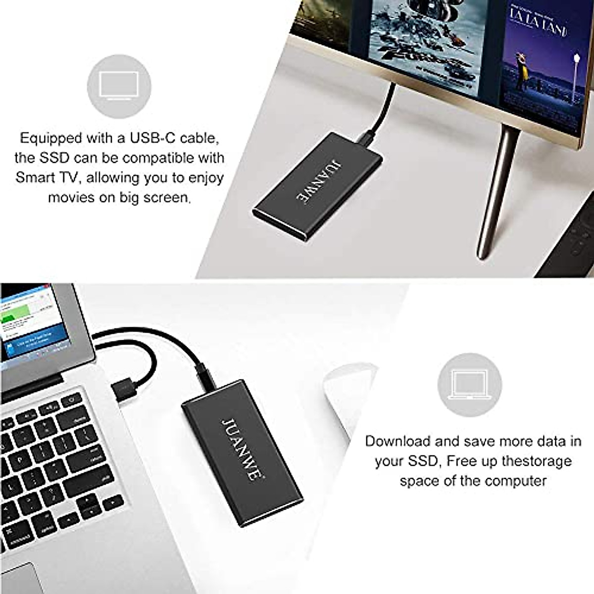 JUANWE 1TB Solid State External Hard Drive USB 3.0 Type-C Portable SSD High-Speed Read & Write Up to 550MB/s & 510MB/s, External Hard Drive for PC/Laptop/Mac, Black