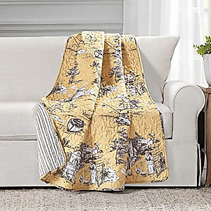Lush Decor French Country Toile Cotton Reversible Throw Blanket, Yellow & Gray, 60" x 50"
