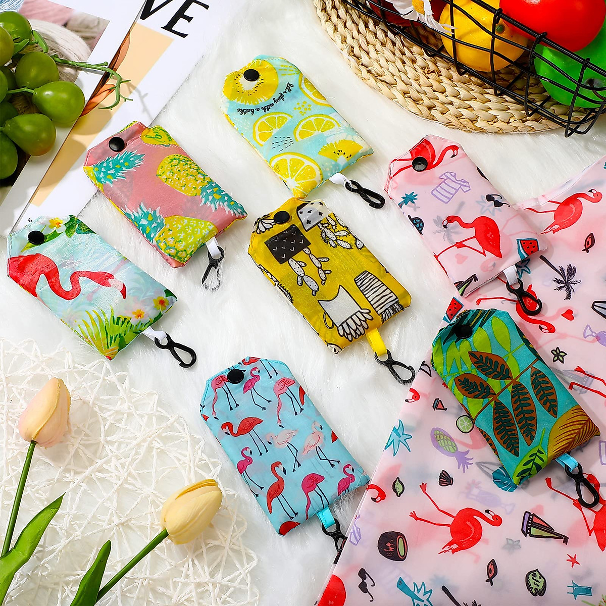 Shappy 34 Pcs Reusable Floral Grocery Bags Foldable Nylon Tote Bags Washable Shopping Bags Extra Large Cute Flower Reusable Bags with Attached Pouch for Women Grocery Shopping Supplies