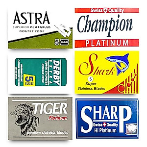 Astra-Derby-Shark-Tiger-Sharp Double Edge Razor Blades Sampler, 30 Blades