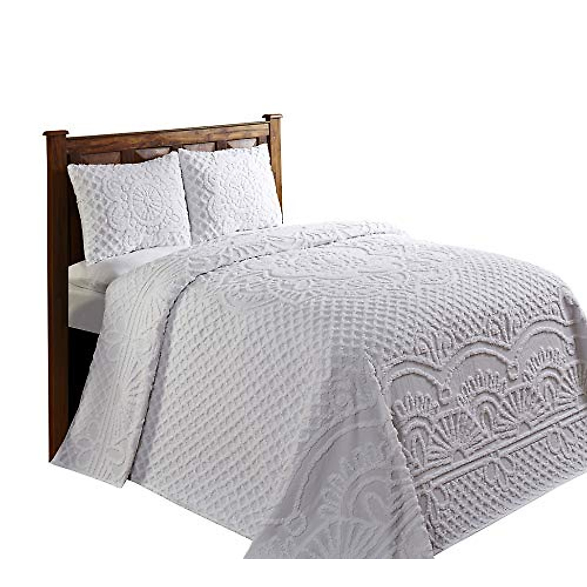 Better Trends Chenille Bedspreads Set Queen Size, Trevor Collection Medallion Design in White - Lightweight bedspreads, 100% Cotton Tufted Cotton Bedspreads