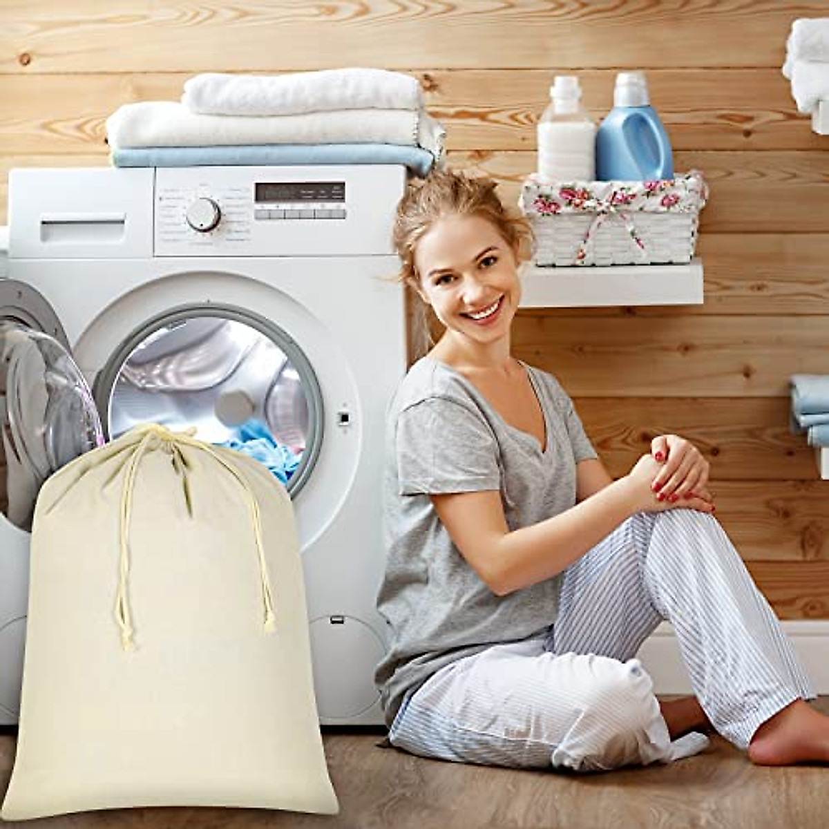 Remagr 12 Pieces Canvas Laundry Bags Bulk Large Cotton Laundry Bag with Drawstring Heavy Duty Hamper Liner Bag Washable Dirty Clothes Bag Santa Bag for Travel Household, 28" x 36"