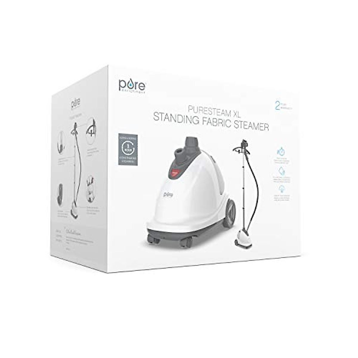 Pure Enrichment® PureSteam™ XL Standing Steamer with Garment Hanger - Heats in 45 Seconds with 0.5-Gallon Water Tank for 1 Hour Continuous Steaming - Includes Fabric Brush and Easy-roll Wheels