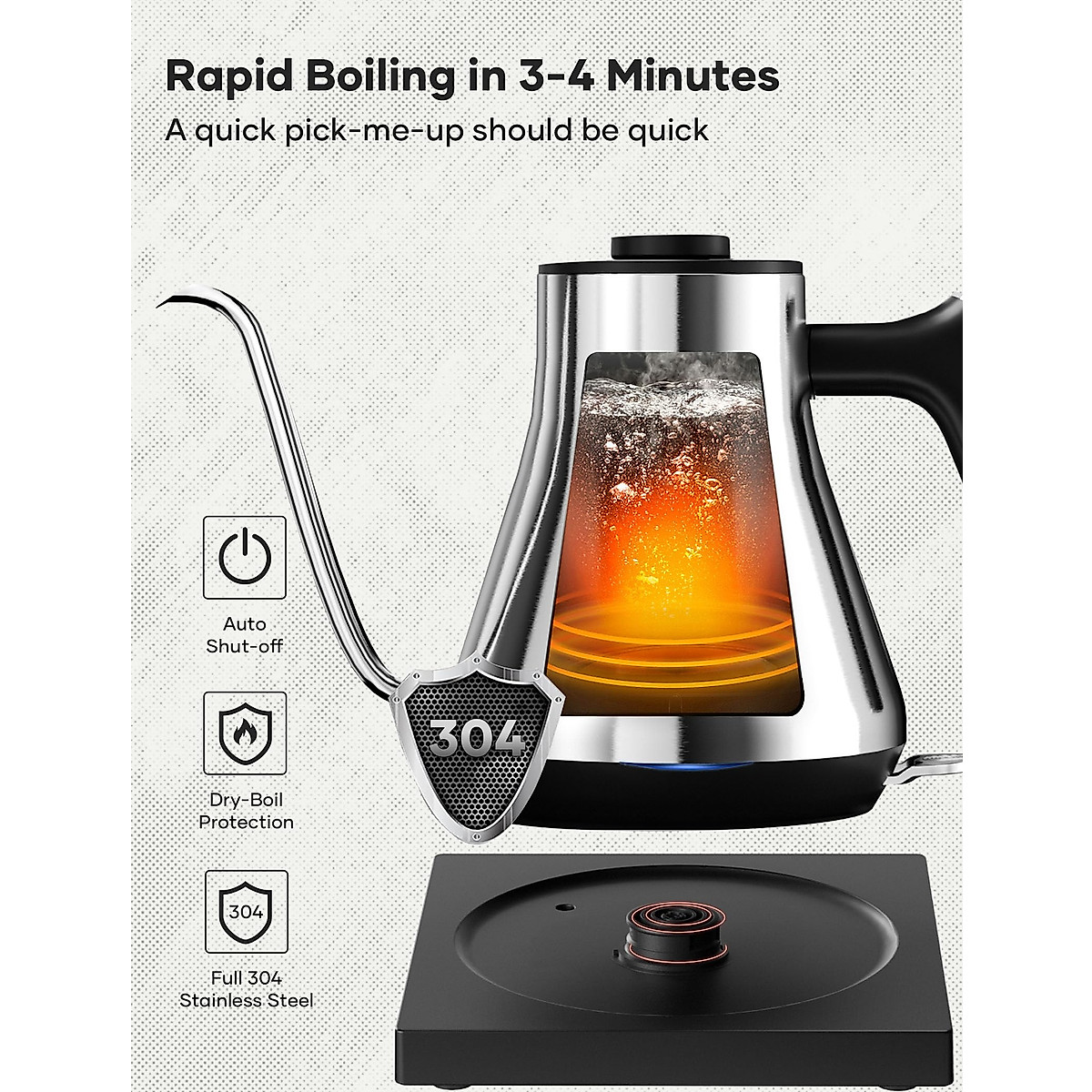 Gooseneck Electric Kettle, Offacy Gooseneck Kettle with 100% Food Grade 304 Stainless Steel, Pour Over Kettle & Coffee Kettle, Tea Kettle 1200 Watt Quick Heating, 0.9L, Stainless Steel