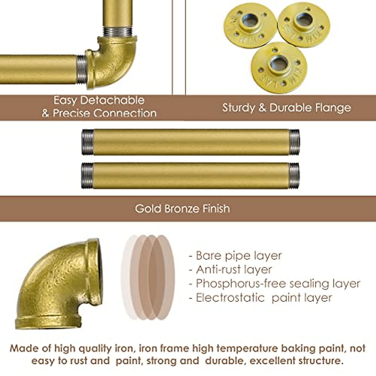 Industrial Pipe Clothing Rack, Wall Mounted Clothes Rack, Industrial Clothing Rack, Pipe Clothing Rack, Closet Rods for Hanging Clothes, 100% Galvanized Steel (39 in, Gold)