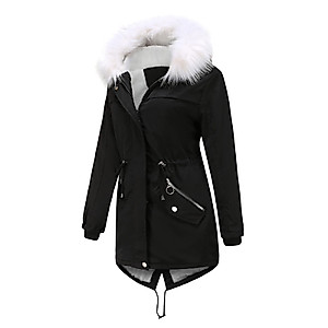 FMCHICO Womens Trench Coat Long Women's Fluffy Warm Coat Outwear Windbreaker Winter Warm Coat Jacket Faux Fur Lined Trench Hooded Thick Overcoat Black