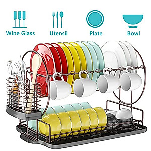 KeFanta Dish Drying Rack with Drainboard for Kitchen Counter, Bronze 2 Tier Dish Rack with Utensil Holder, Multifunction Dishes Drainer with Drainage, Double Tier Plate Drying Rack with Tray