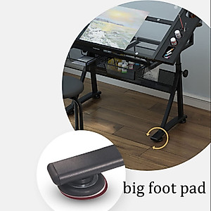 Drawing Table Drafting Desk, Glass Drafting Table Art Desk, Height Adjustable Drawing Desk Art/Craft Desk Paintings Work Station W/ 2 Storage Drawers and Stool for Craft Station Studio Home Office Sch