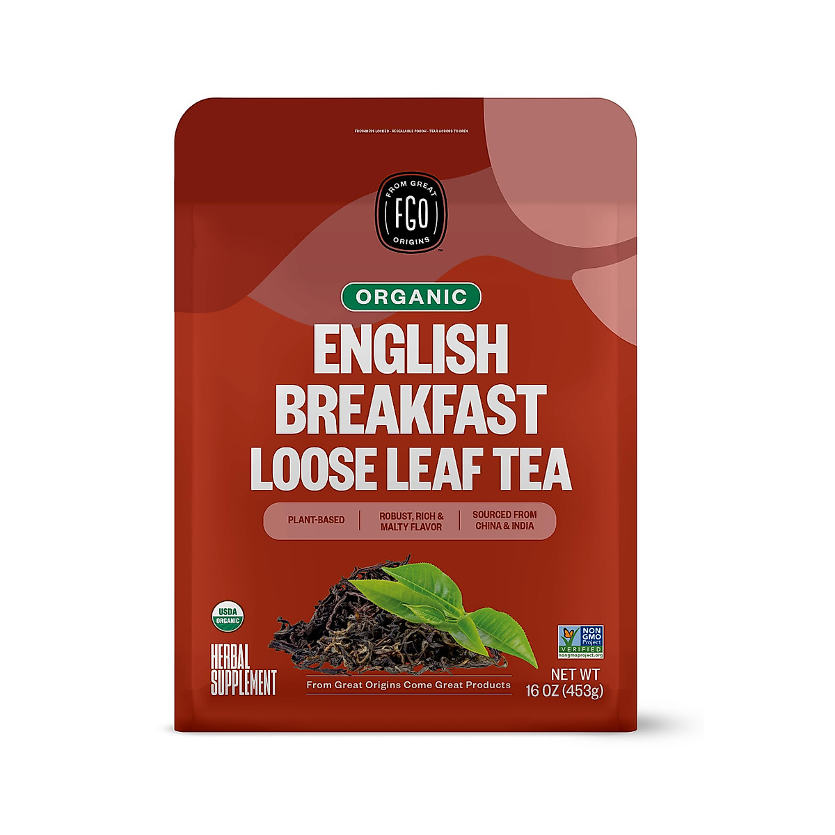 FGO Organic English Breakfast Black Tea, Loose Leaf, 16 Ounce Bulk Resealable Bag, Packaging May Vary (Pack of 1)