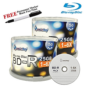 Smartbuy 100-disc 25GB 6X BD-R Blu-Ray Logo Top Blank Media Record Disc + Black Permanent Marker