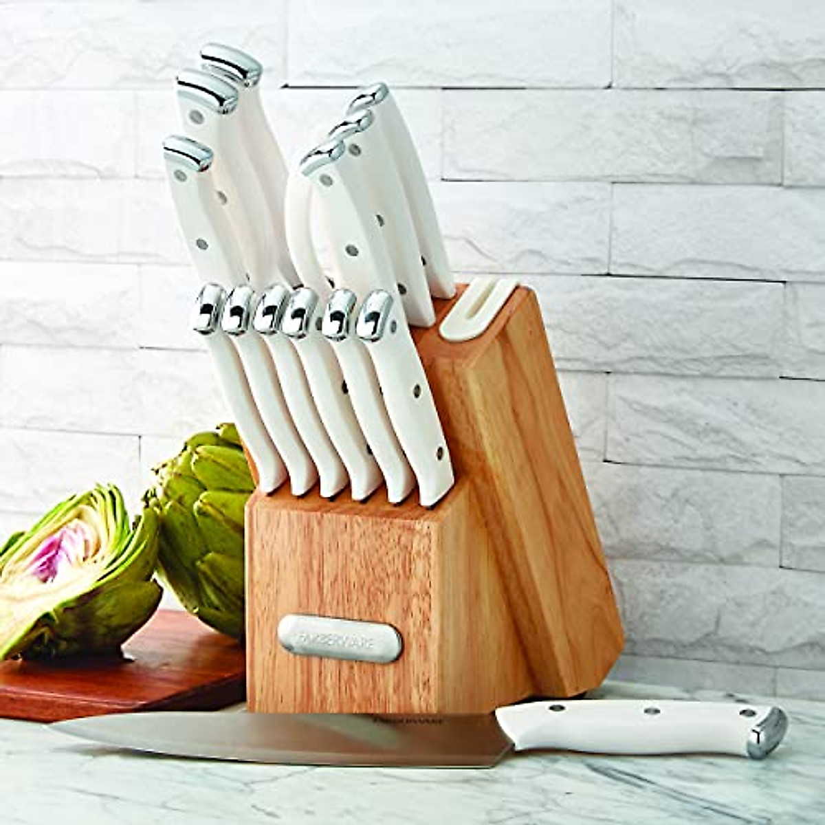 Farberware Edgekeeper Triple Riveted Knife Block Set with Built in Sharpener, 14-Piece, White