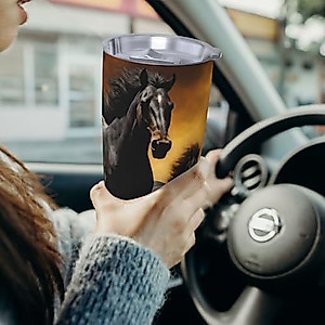 Running Black Horses Tumbler with Lid and Straw 20oz Stainless Steel Car Cup for Hot and Cold Drinks, Double Wall Insulated Travel Coffee Mug Reusable Drink Thermos Cup Birthday Gifts