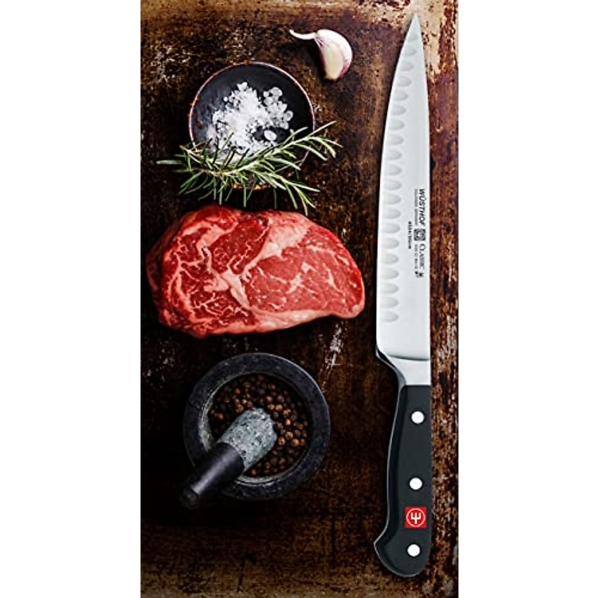 Wüsthof Classic Hollow Edge Carving Knife, 8-Inch, with Bonus Paring Knives, Black, (8854)
