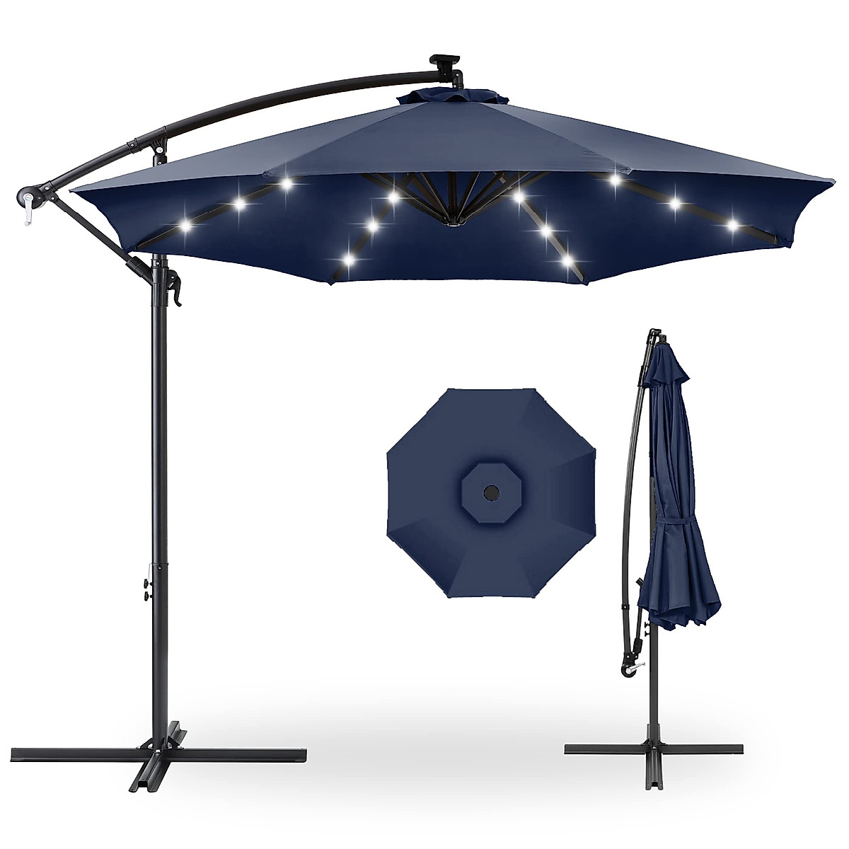 Best Choice Products 10ft Solar LED Offset Hanging Market Patio Umbrella for Backyard, Poolside, Lawn and Garden w/Easy Tilt Adjustment, Polyester Shade, 8 Ribs - Navy Blue