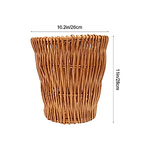 Wakauto Desktop Organizer Wicker Rattan Waste Basket Woven Trash Can Garbage Can Vintage Waste Bin Wastebasket Beige Creative Storage Basket