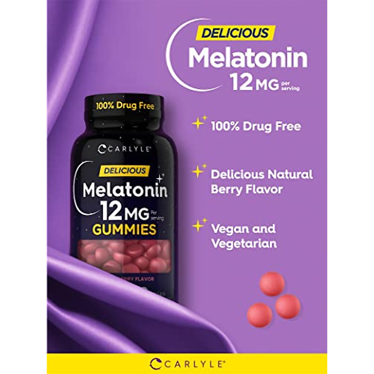 Carlyle Melatonin Gummies 12mg | 180 Count | Drug Free | Natural Berry Flavor | Vegan, Non-GMO, Gluten Free
