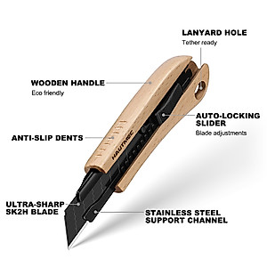 HAUTMEC 18mm Wooden Handle Retractable Utility Knife Autolock and Snap off with SK2H Ultra Sharp Black Blade Suitable Gifts for Husband Dad HT0352