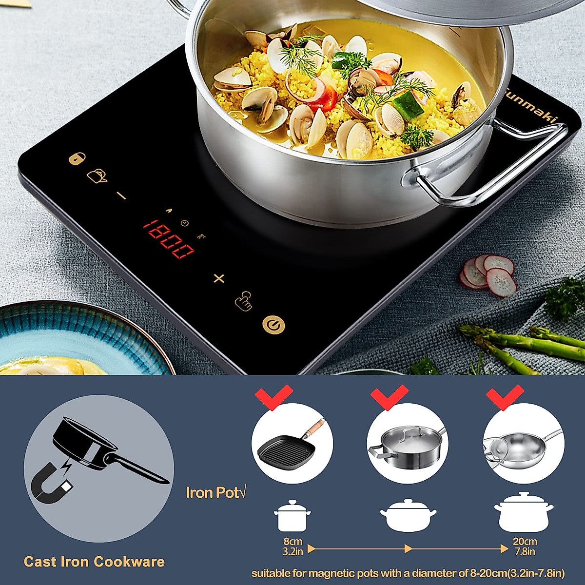 Sunmaki Induction Cooktop,induction hot plate with LED Display,1800W Countertop Burner Portable Black Crystal Glass Surface 10 Temperature 9 Power Setting&3h Timer for Cooking 1