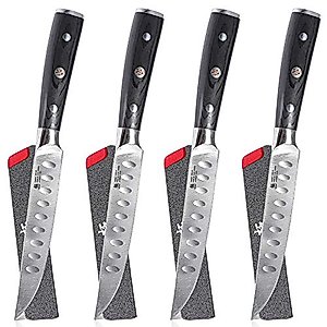KYOKU Samurai Series - 5" Steak Knives Set of 4 with Sheath & Case - Full Tang - Japanese High Carbon Steel - Pakkawood Handle with Mosaic Pin (Japanese Steak Knife Set)