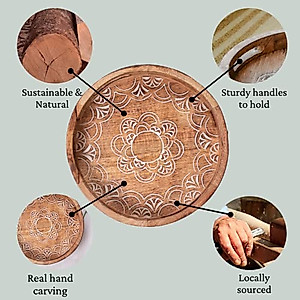 ARIJA Rustic Wooden Serving Tray with Handle - Designer, Decorative Wooden Carved Ottoman Tray for Coffee, Tea, Drinks Serving with Handles - Rustic Home décor, Boho Décor Serving Tray