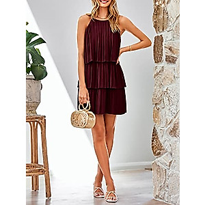 NALANISA 2023 Womens Summer Dresses Halter Pleated Tiered Flowy Sleeveless Mini Short Sundress Elegant Casual Cocktail Party(Wine Red, Medium)