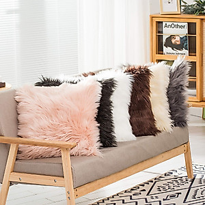 HYSEAS Set of 2 Decorative Faux Fur Throw Pillow Covers, White Fluffy Soft Fuzzy Square Cushion Cover Pillow Case for Sofa, Couch, Chair, Bed, Cafe, 18 x 18 Inches