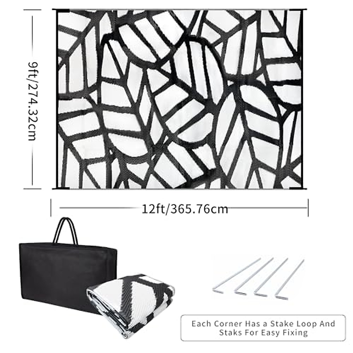 GARTOL 9x12 Outdoor Rug Waterproof, Reversible Plastic Straw Rug for RV, Patio, Backyard, Pool Deck, Picnic, Beach, Camping, Outdoor Carpet Mat (Black & White)