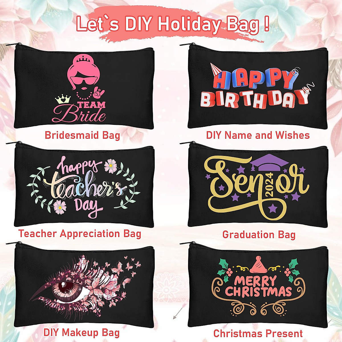 Legigo 12 Pack Blank DIY Craft Bag Canvas Pencil Case Blank Makeup Bags- Black Canvas Pencil Pouch Bulk Canvas Cosmetic Bag Multi-Purpose Travel Toiletry Bag Canvas Zipper Bags (8.3 × 5 Inch)