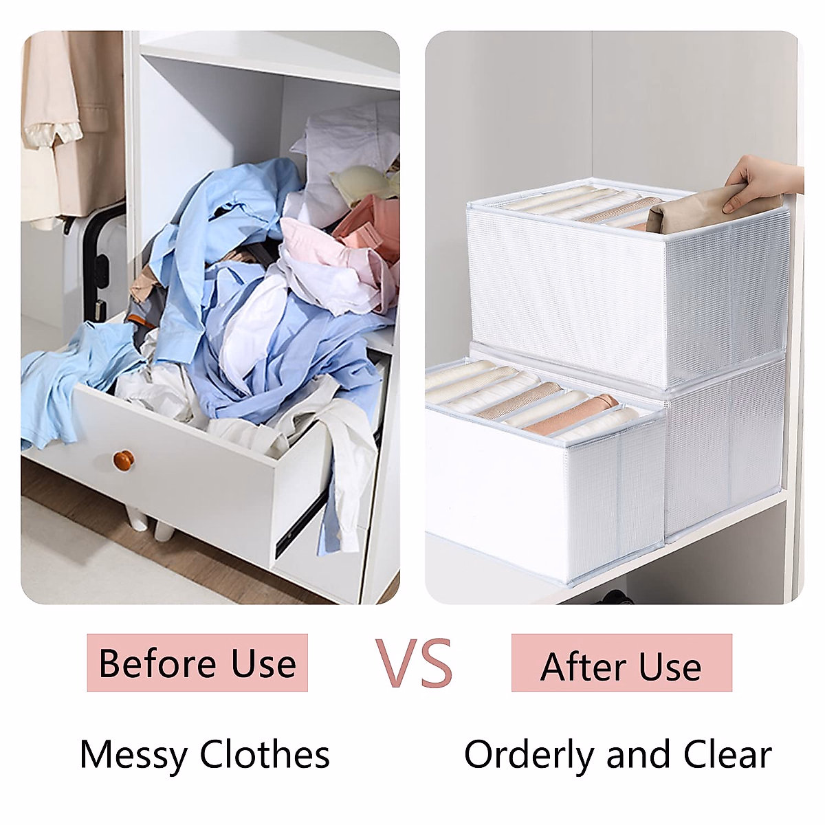 Wardrobe Clothes Organizer, Drawer Organizers For Clothing, Jeans Leggings 7 Compartments Foldable And Washable Storage Box, Built-in PP Board, No Deformation, Large Space, 2 Sizes (White)