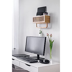 Wood Floating Shelf Rattan Shelve Wall Décor with Towel Rack for Kitchen - Bathroom - Living Room - Laundry Room & Bedroom - Wood Floating Shelves for Wall - Natural Wood Shelves - Rattan Wall Shelf