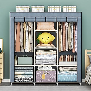 QLFJ-FurDec Portable Wardrobe Closet, 47 Inch Clothes Storage Organizer Shelves Rack, Non-Woven Fabric Cover Standing Closet with 2 Hanging Rods, Extra Durable, Quick and Easy Assembly(Gray)