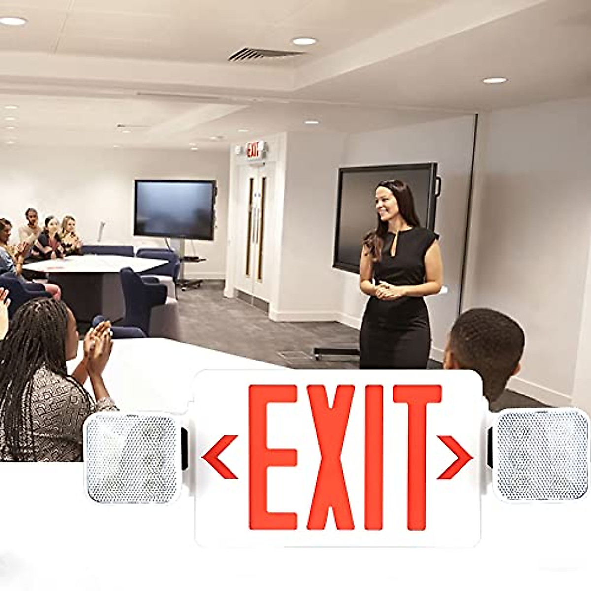 OSTEK Red LED Exit Sign with Emergency Light, Two LED Adjustable Head Emergency Exit Lights with 90 Minutes Battery Backup, Dual LED Lamp ABS Fire Resistance UL-Listed