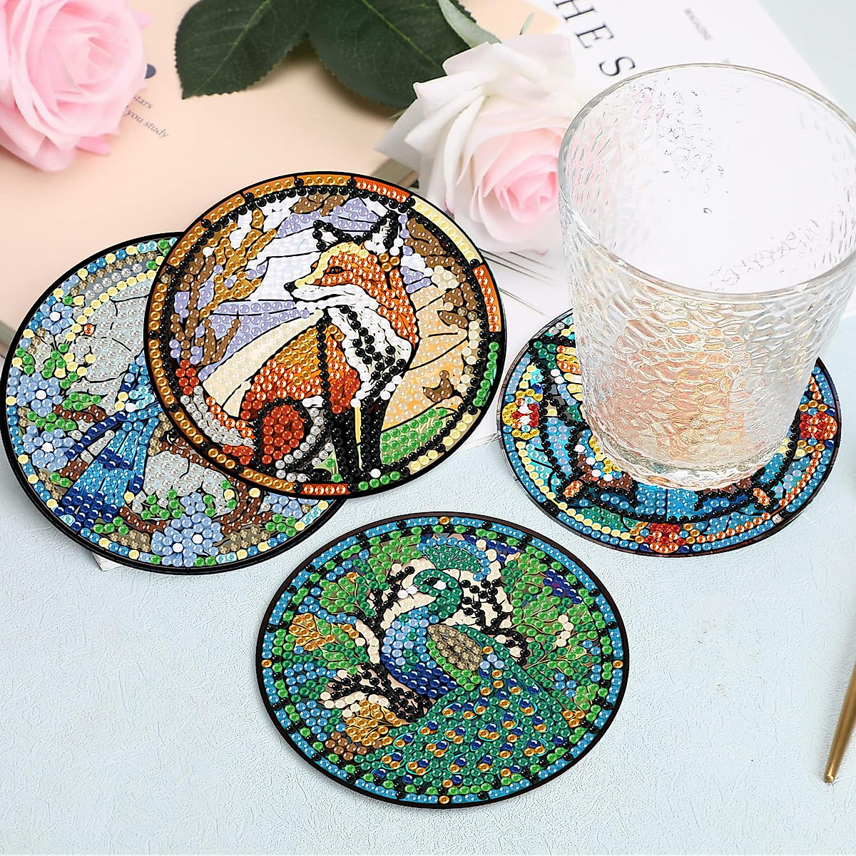 mrpwnle 8 Pieces Diamond Painting Coasters Kit with Holder, DIY Diamond Art Coasters Crafts Projects, Diamond Dot Kits for Adults and Beginners Supplies for Christmas Gift (Animal Style)