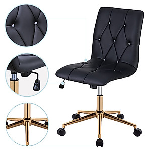 DUHOME Leather Home Office Chair, Armless Black Desk Chair with Gold Base, Adjustable Task Chair Computer Chair Rolling Chair with Wheels for Teens