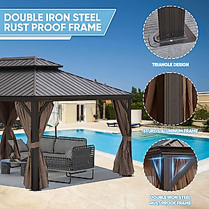 12’ X 12’ Hardtop Gazebo Double Roof Galvanized Steel Combined of Vertical Stripes Canopy Outdoor Aluminum Frame Patio Permanent Metal Pavilion with Nettings and Curtains for Deck Backyard Lawn Garden