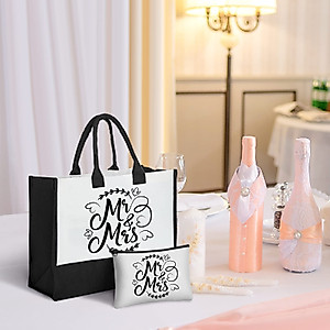 24 Pcs Beach Canvas Tote Bag with Canvas Makeup Bag Set Blank Initial Gift Bags for Women Personalized Kitchen Reusable Grocery Bags for Gift DIY Travel Shopping Bridesmaid Bride Wedding, Black White