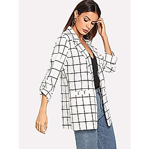 Milumia Women's Open Front Blazer Casual Lightweight Plaid Roll Up Sleeve Jacket White Large