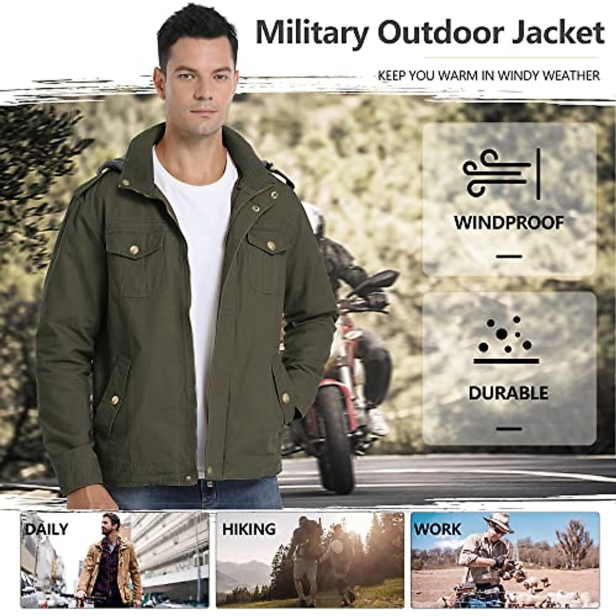 Men's Military Jacket Casual Cotton Lightweight Windbreaker with Removable Hood (Large, Army Green)
