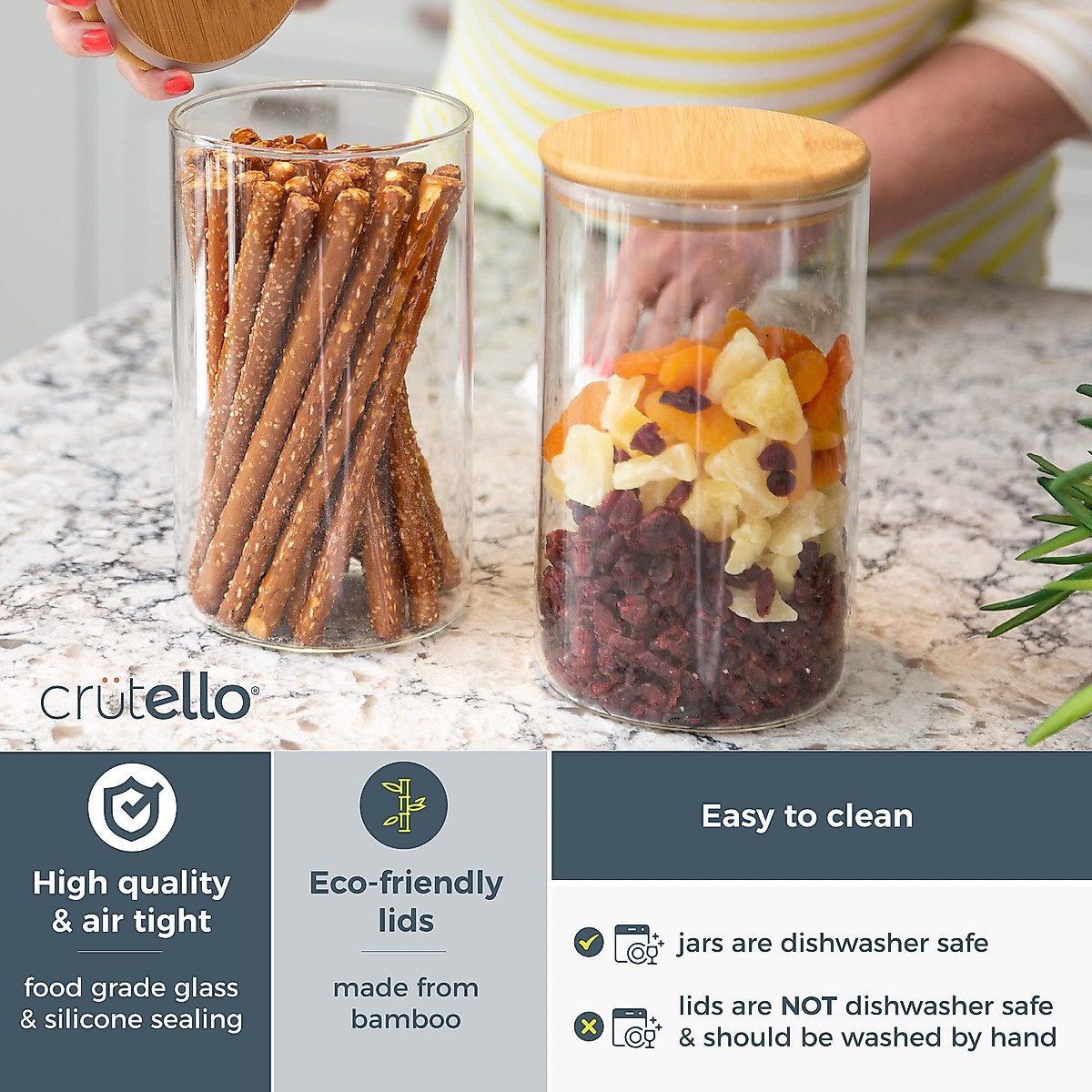 Glass Food Storage Containers with Bamboo Lids, 2 Pack - 66 oz Airtight Clear Kitchen Organization Canisters, Glass Storage Jar With Bamboo Lid