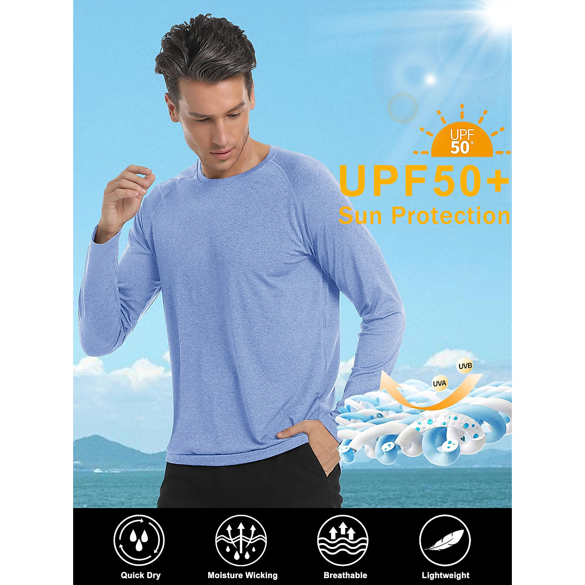 MAGCOMSEN Athletic Shirts for Men Long Sleeve UPF 50 Sun Protection Dry Fit T Shirt Workout Running Outdoor Shirts Light Blue,L