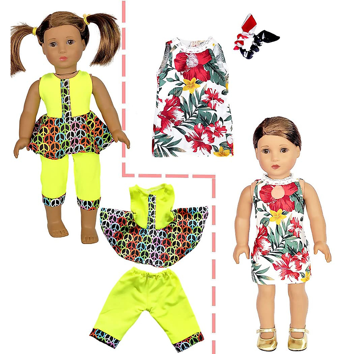 HOAKWA 18 inch Doll Clothes and Accessories fit American 18'' Dolls - Including 10 Complete Set of 18 inch American Doll Clothes Outfits Dress with Unicorn Hair Clips, Hair Bands, Underwear