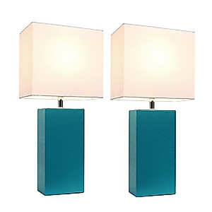 Elegant Designs LC2000-TEL-2PK 2 Pack Modern Leather Table Lamps with White Fabric Shades, Teal